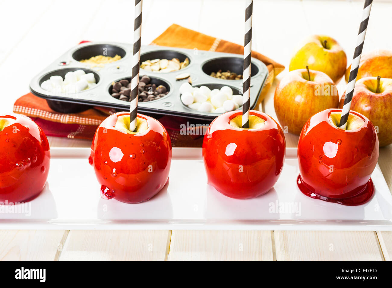 Handmade red candy apples for Halloween Stock Photo - Alamy