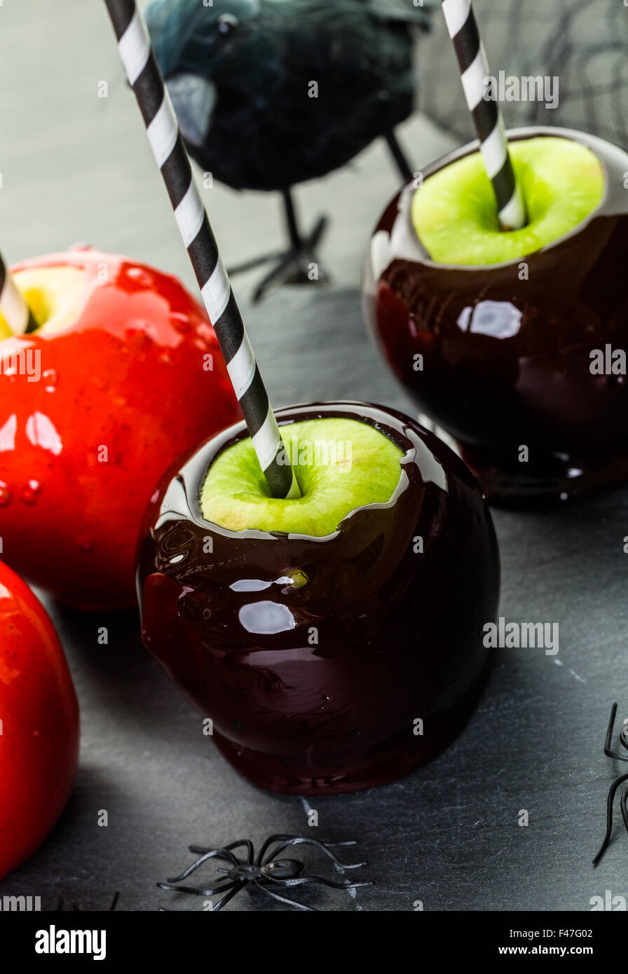 Handmade red candy apples for Halloween Stock Photo - Alamy