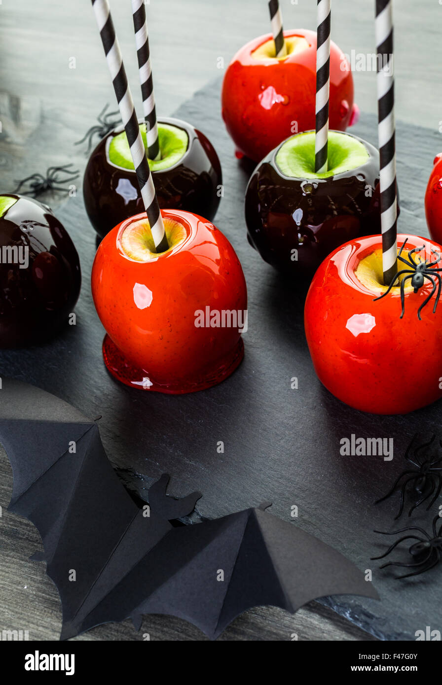 Handmade red candy apples for Halloween Stock Photo - Alamy