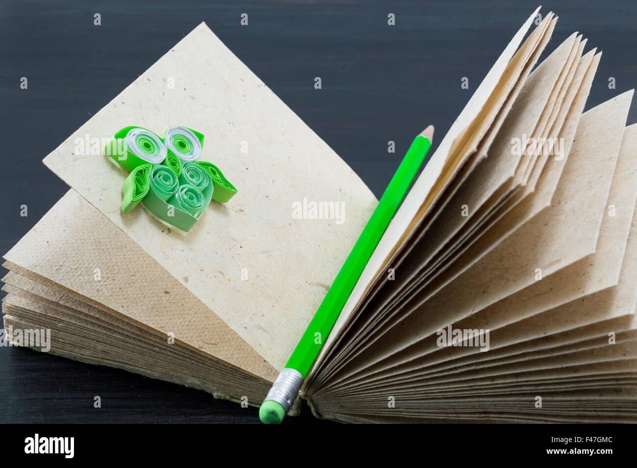 Recycled paper notebook with a green pen and green paper owl on the ...
