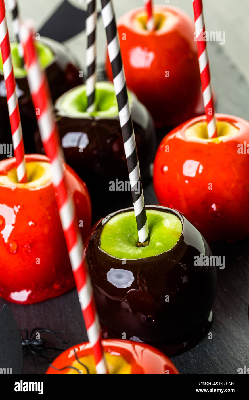 Handmade red candy apples for Halloween Stock Photo - Alamy
