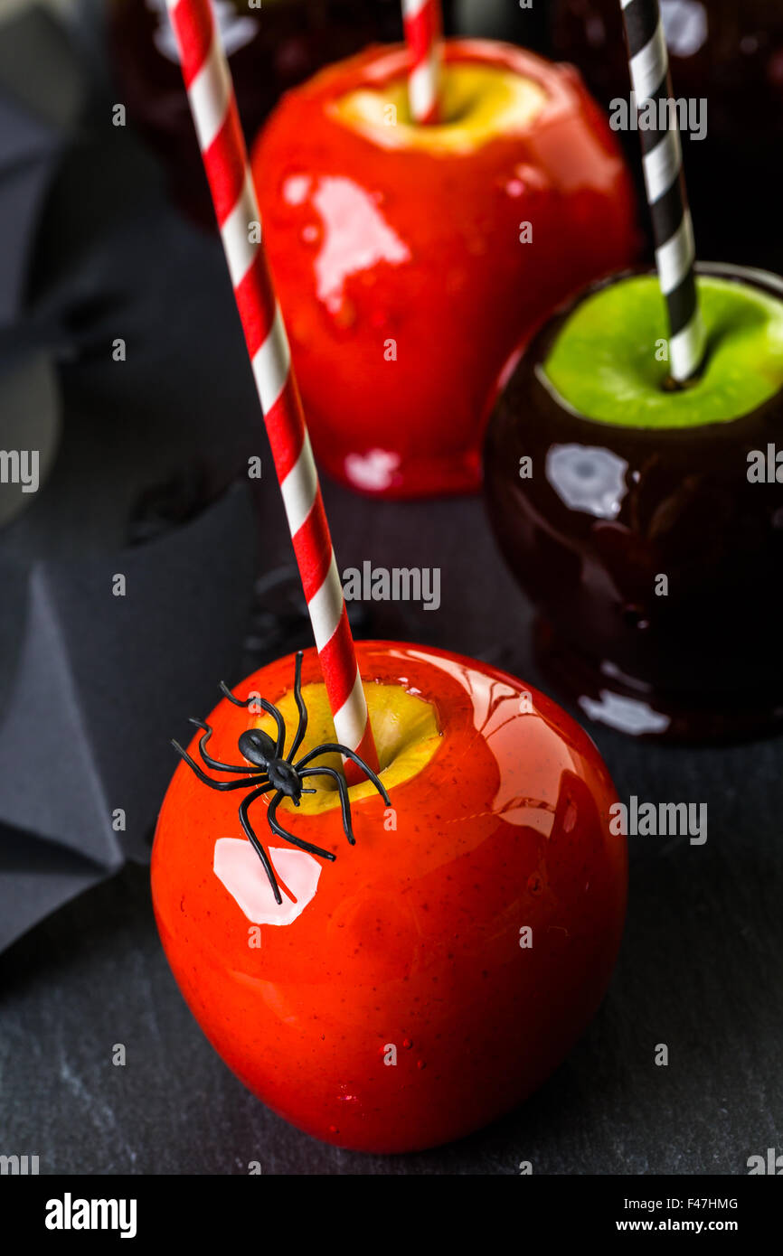 Handmade red candy apples for Halloween Stock Photo - Alamy