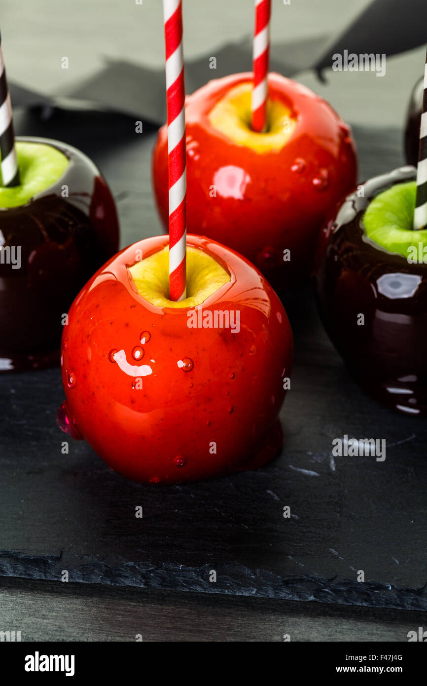 Handmade red candy apples for Halloween Stock Photo - Alamy