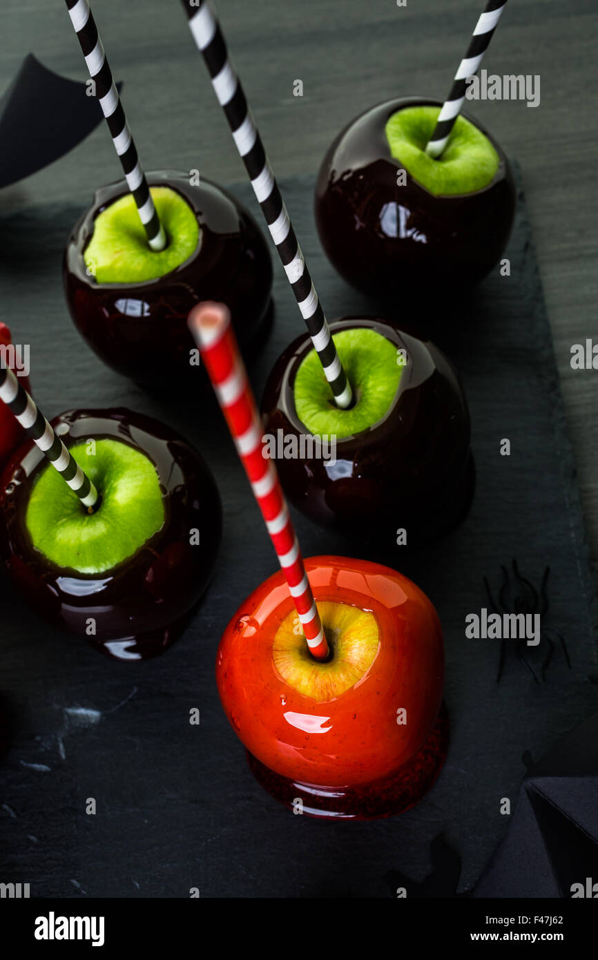 Handmade red candy apples for Halloween Stock Photo - Alamy