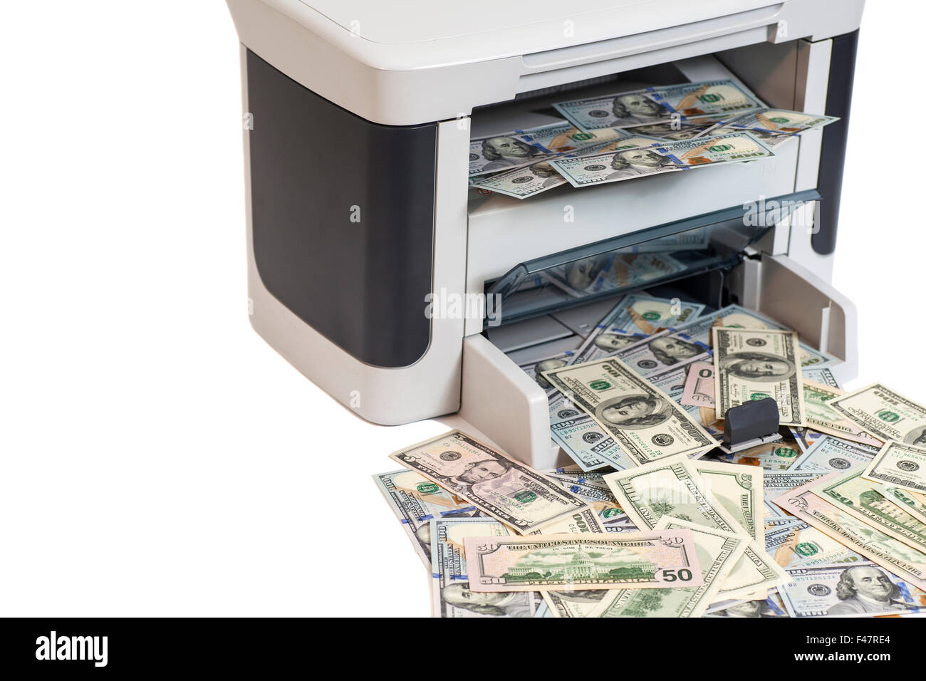 Printer printing fake dollar bills isolated on white background Stock ...