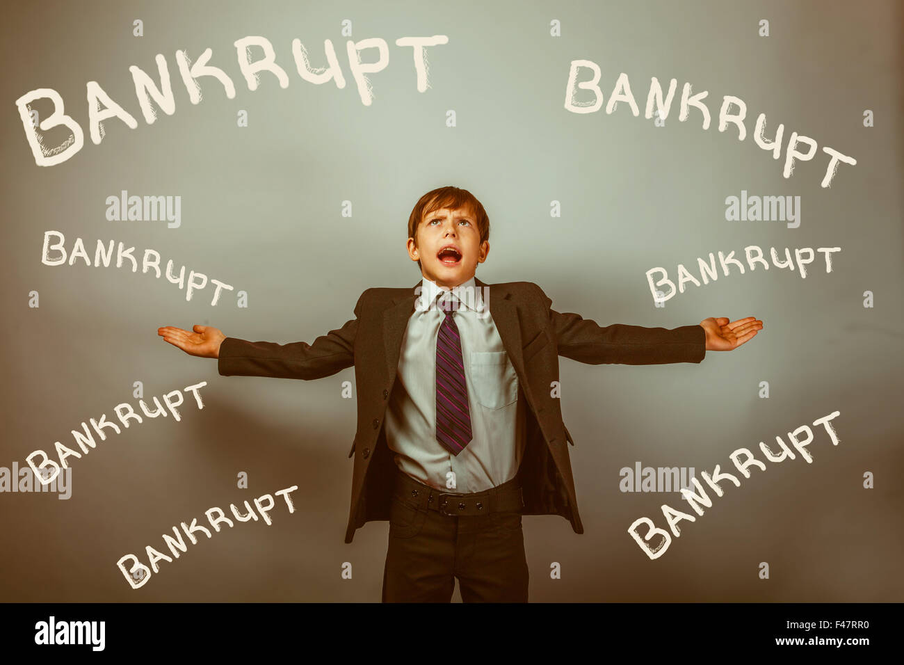 Teenage boy failure bankrupt businessman arms outstretched looki Stock ...