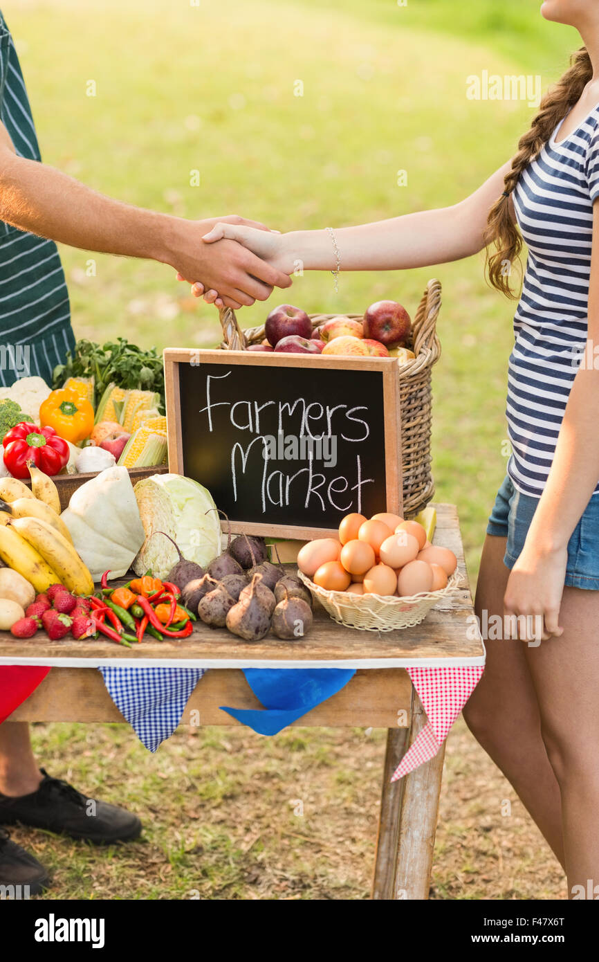 Farmer shaking his customers hand Stock Photo - Alamy