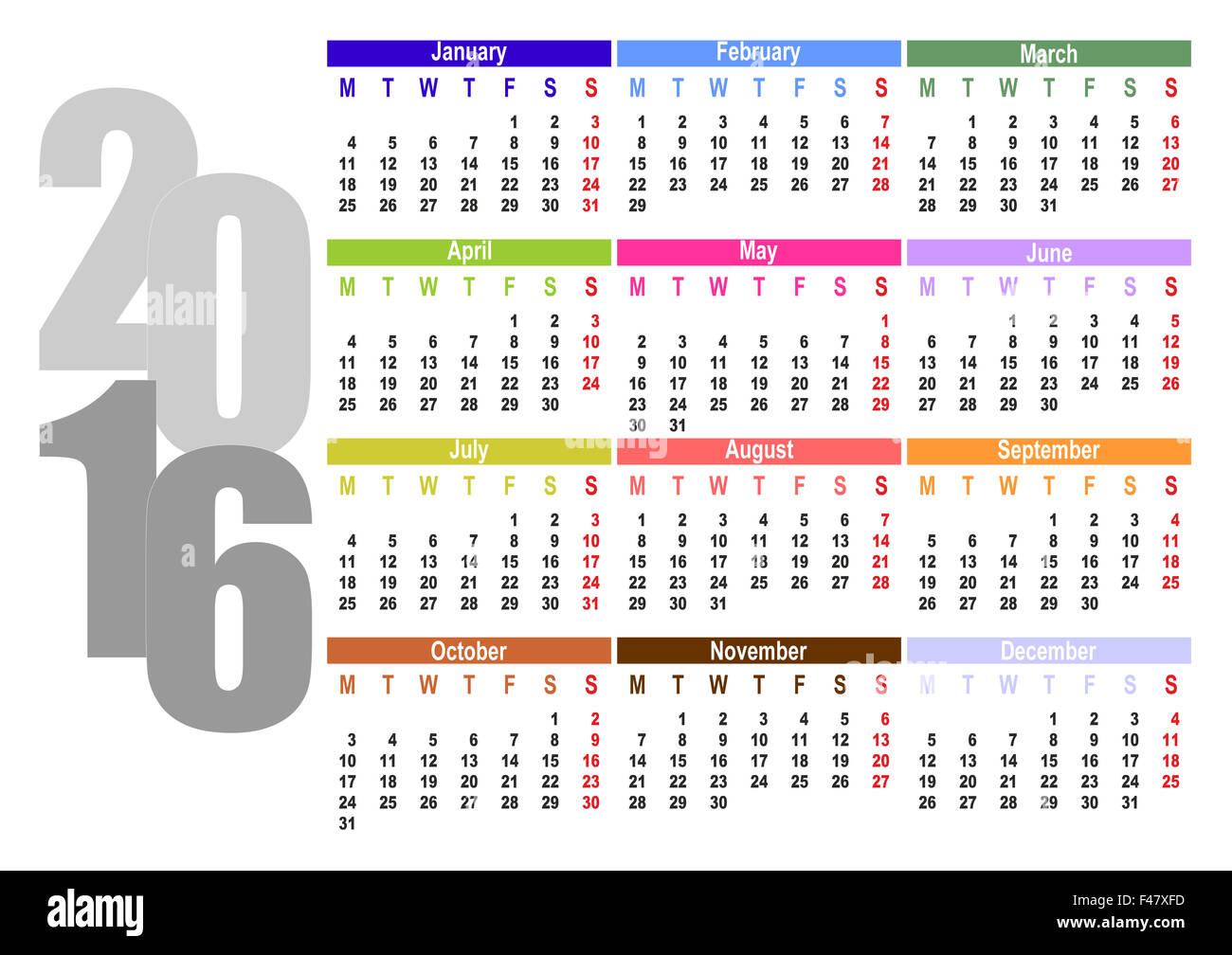 Vector calendar for 2016, week starts on Monday Stock Photo - Alamy