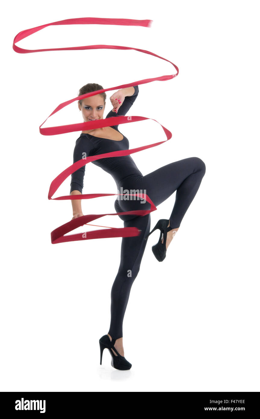 dancing woman with red ribbon Stock Photo - Alamy