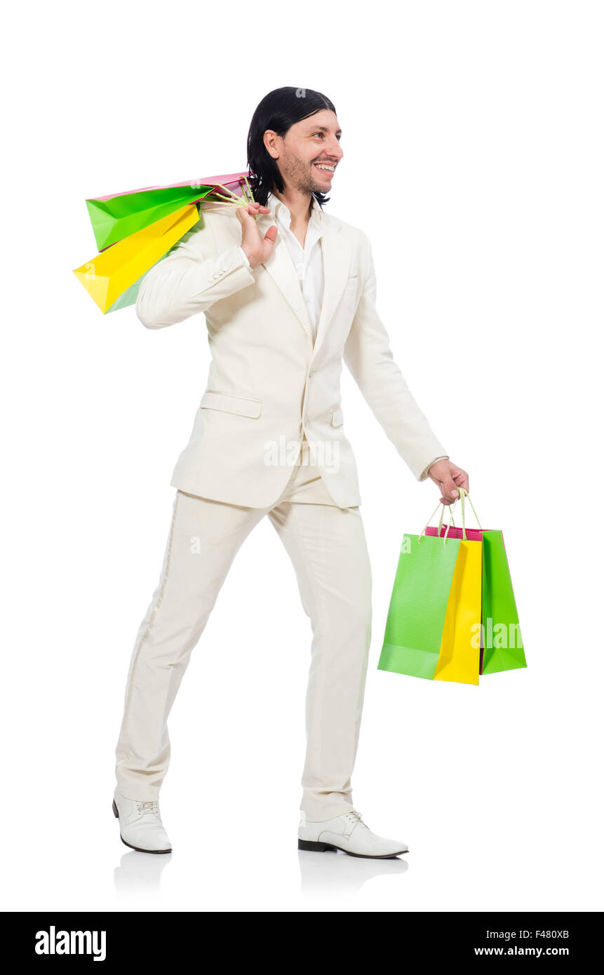 Man with shopping bags isolated on white Stock Photo - Alamy