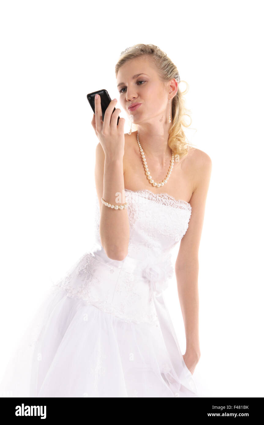 happy bride with mobile phone Stock Photo - Alamy