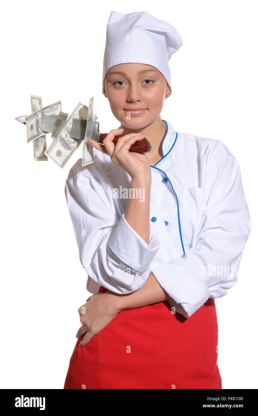 happy woman- chef with knife and money Stock Photo - Alamy