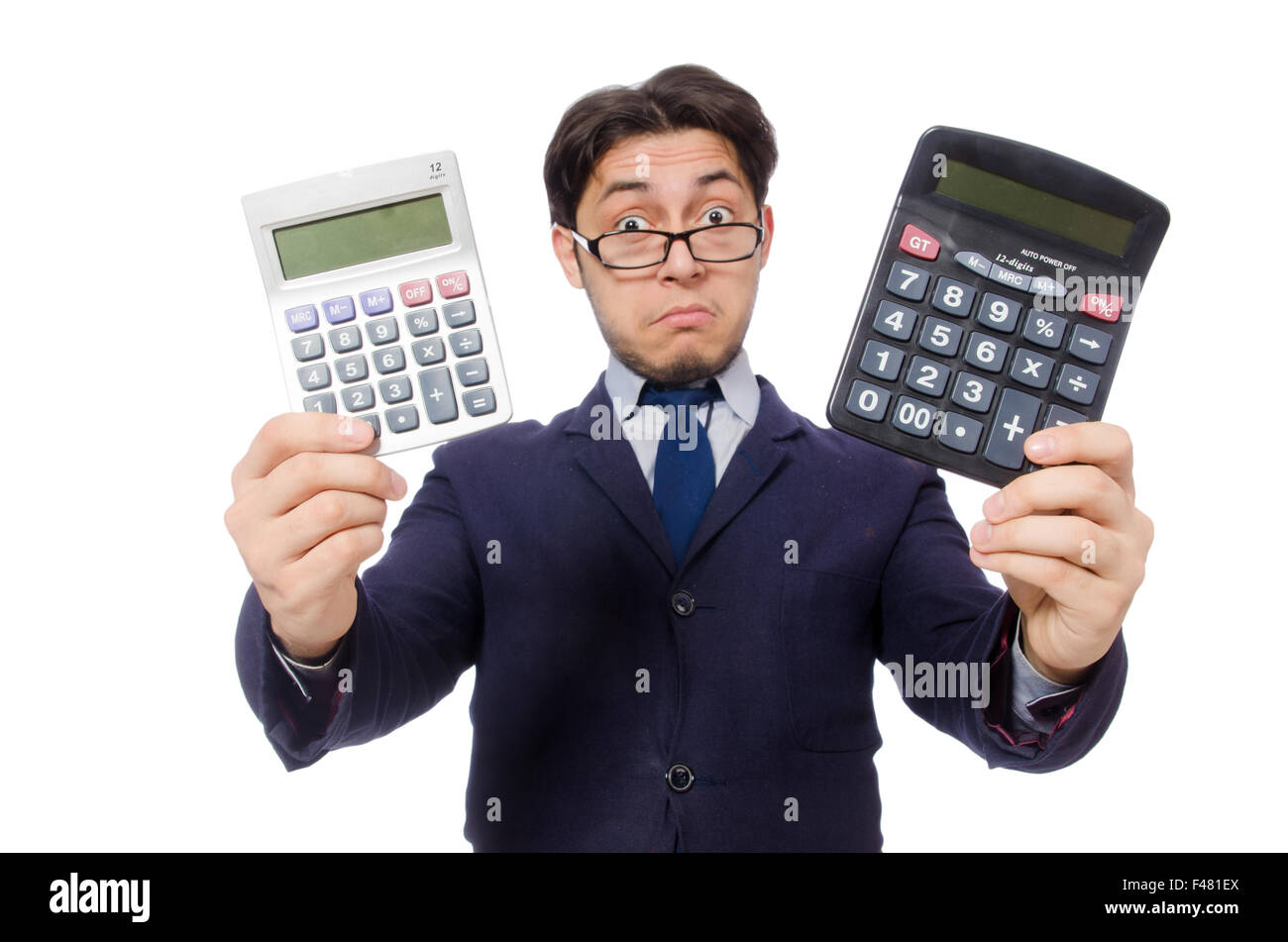 Funny man with calculator isolated on white Stock Photo - Alamy