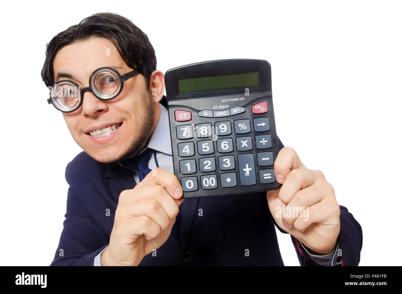 Funny man with calculator isolated on white Stock Photo - Alamy