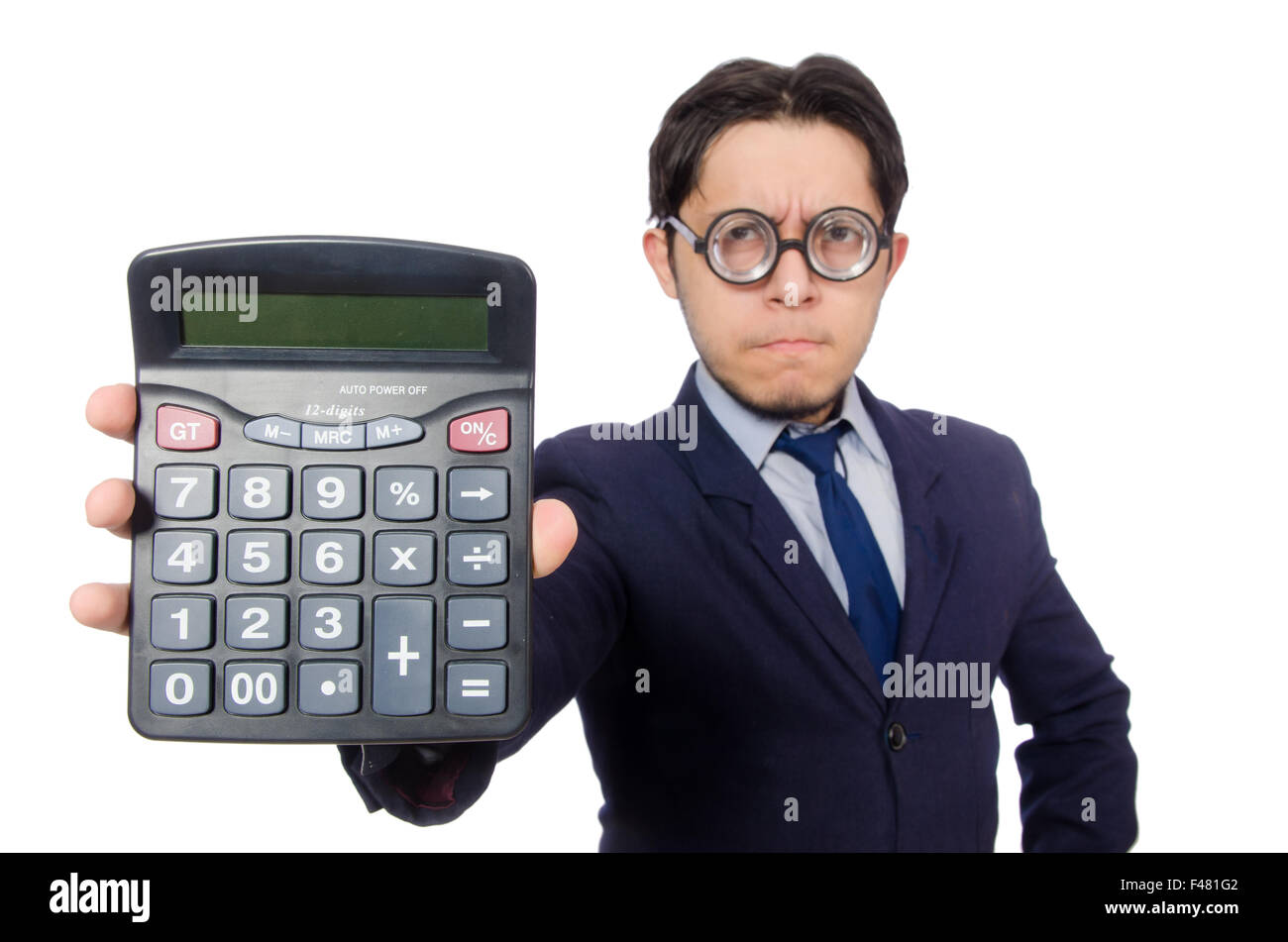 Funny man with calculator isolated on white Stock Photo - Alamy