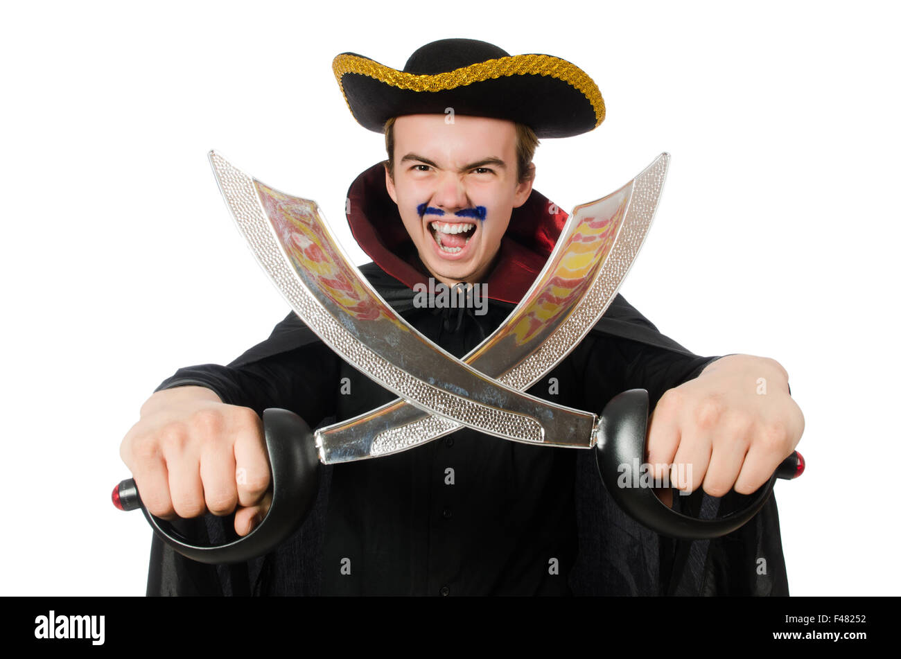 Young pirate holding sword isolated on white Stock Photo - Alamy