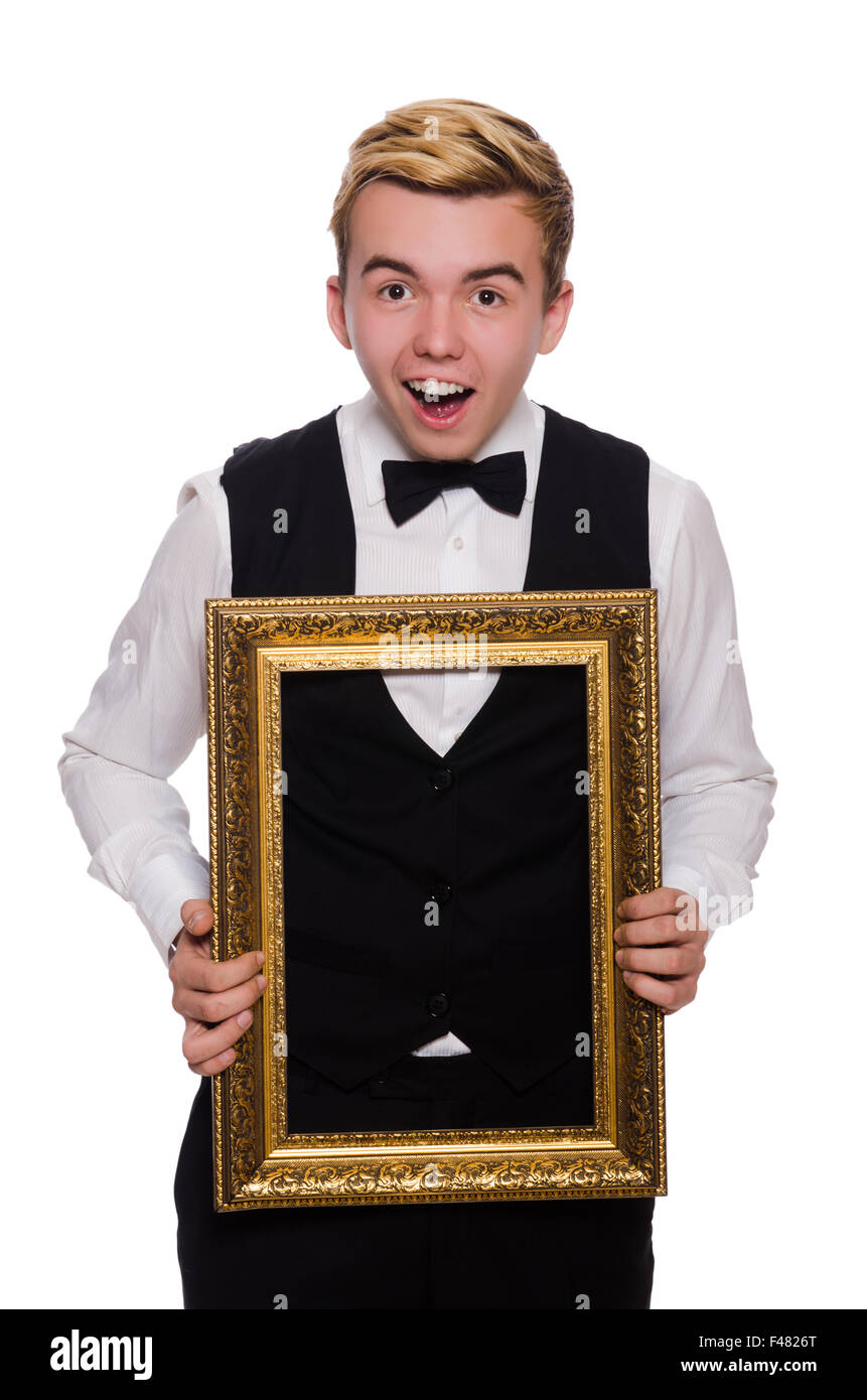 Young man holding frame isolated on white Stock Photo - Alamy