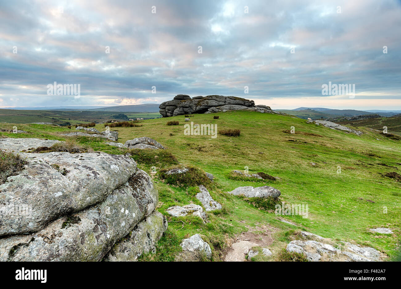 Gloomy skies over Haytor rocks on Dartmoor national Park in Devon Stock ...