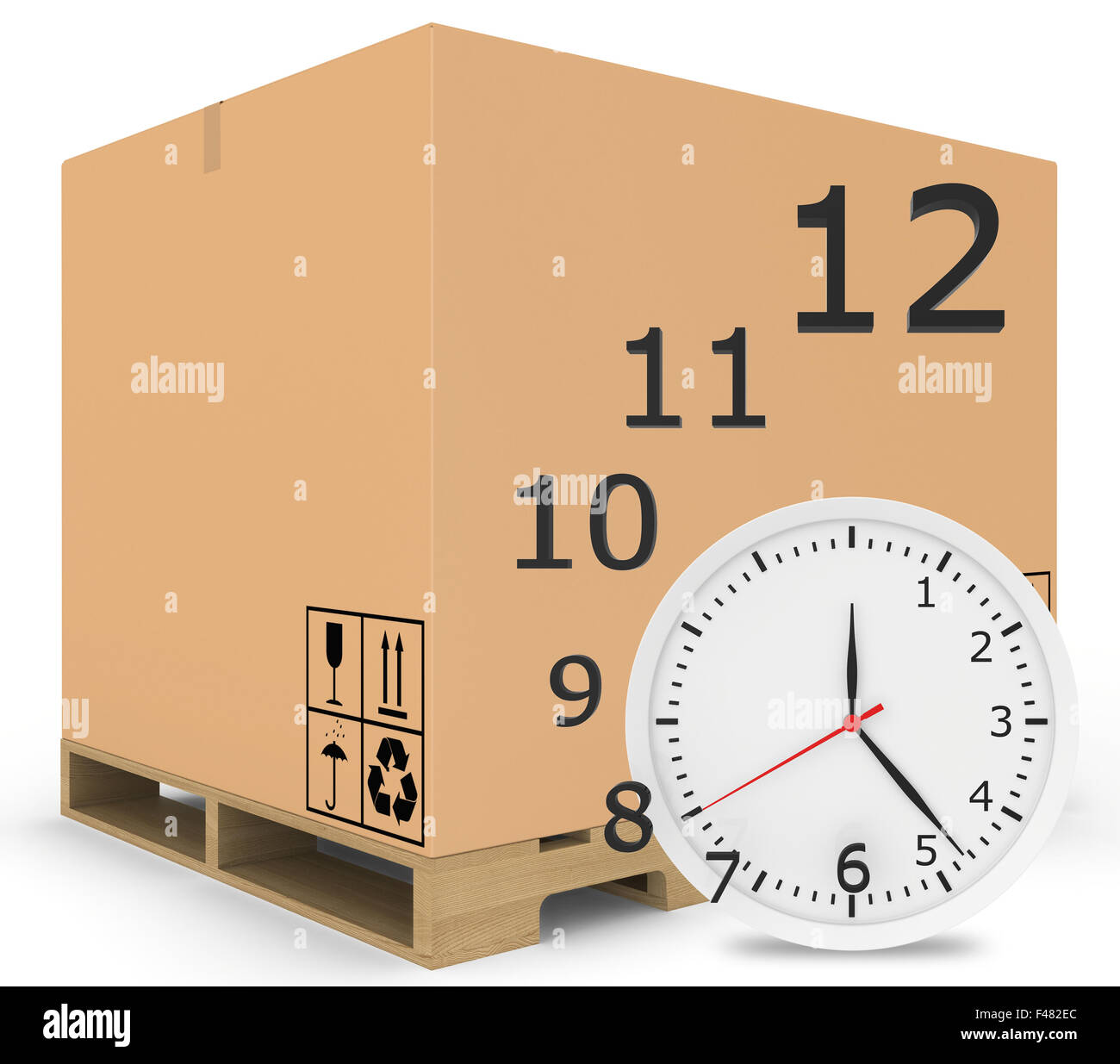 Paper covered boxes on wooden pallet. Watch with flying off figures ...