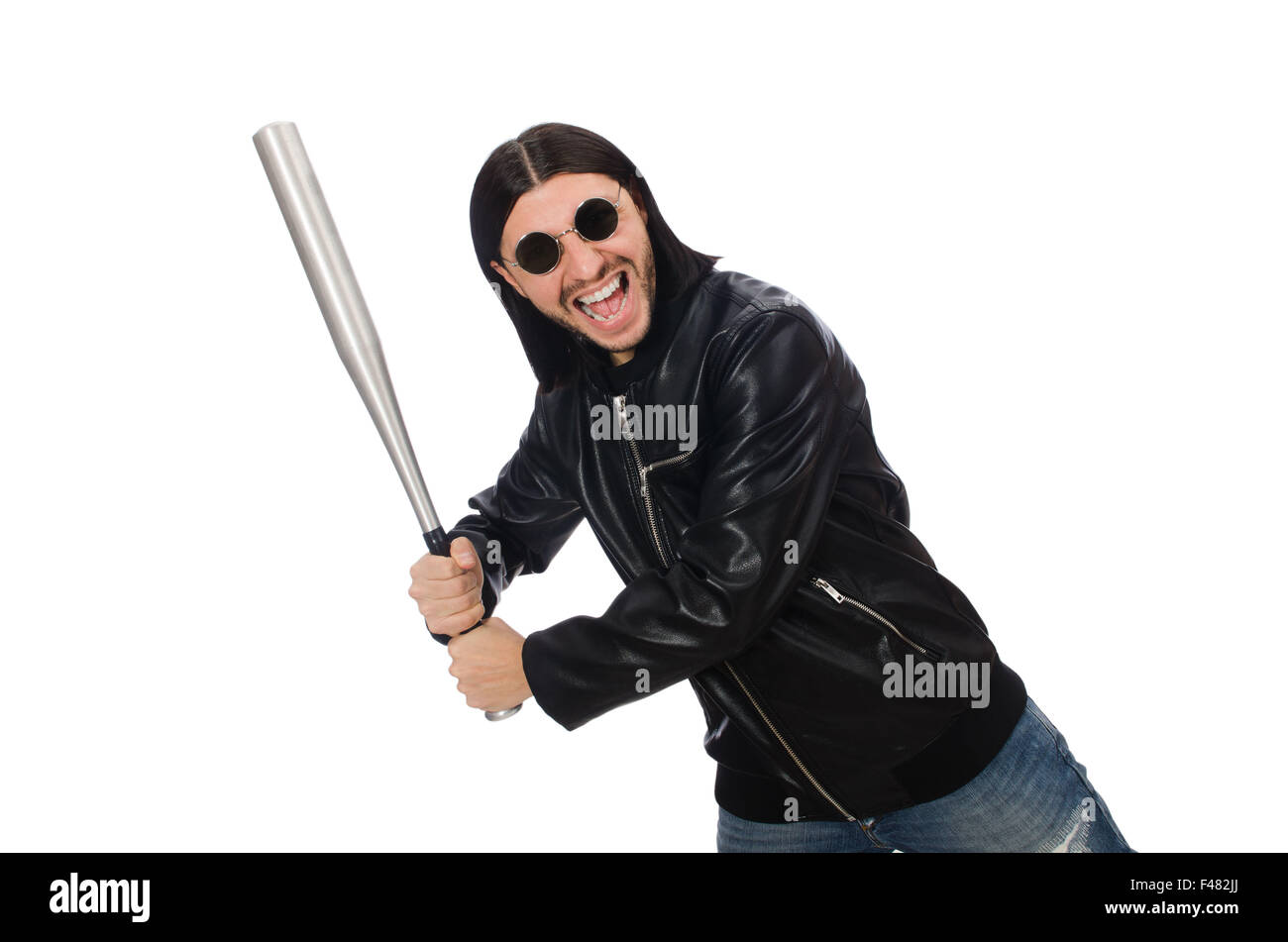 Aggressive man with baseball bat on white Stock Photo - Alamy