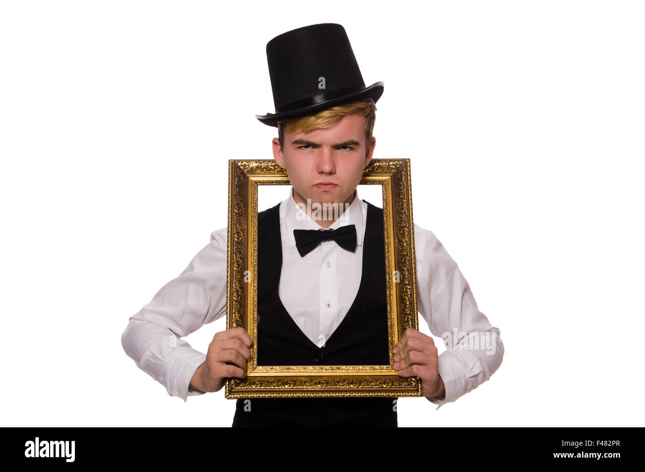 Young man holding frame isolated on white Stock Photo - Alamy