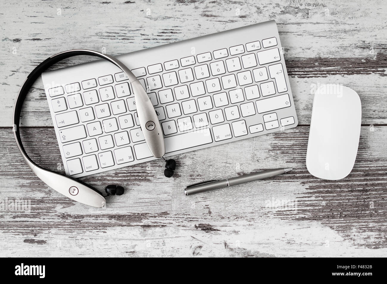Modern wireless computer keyboard with the Turkish alphabet and white ...
