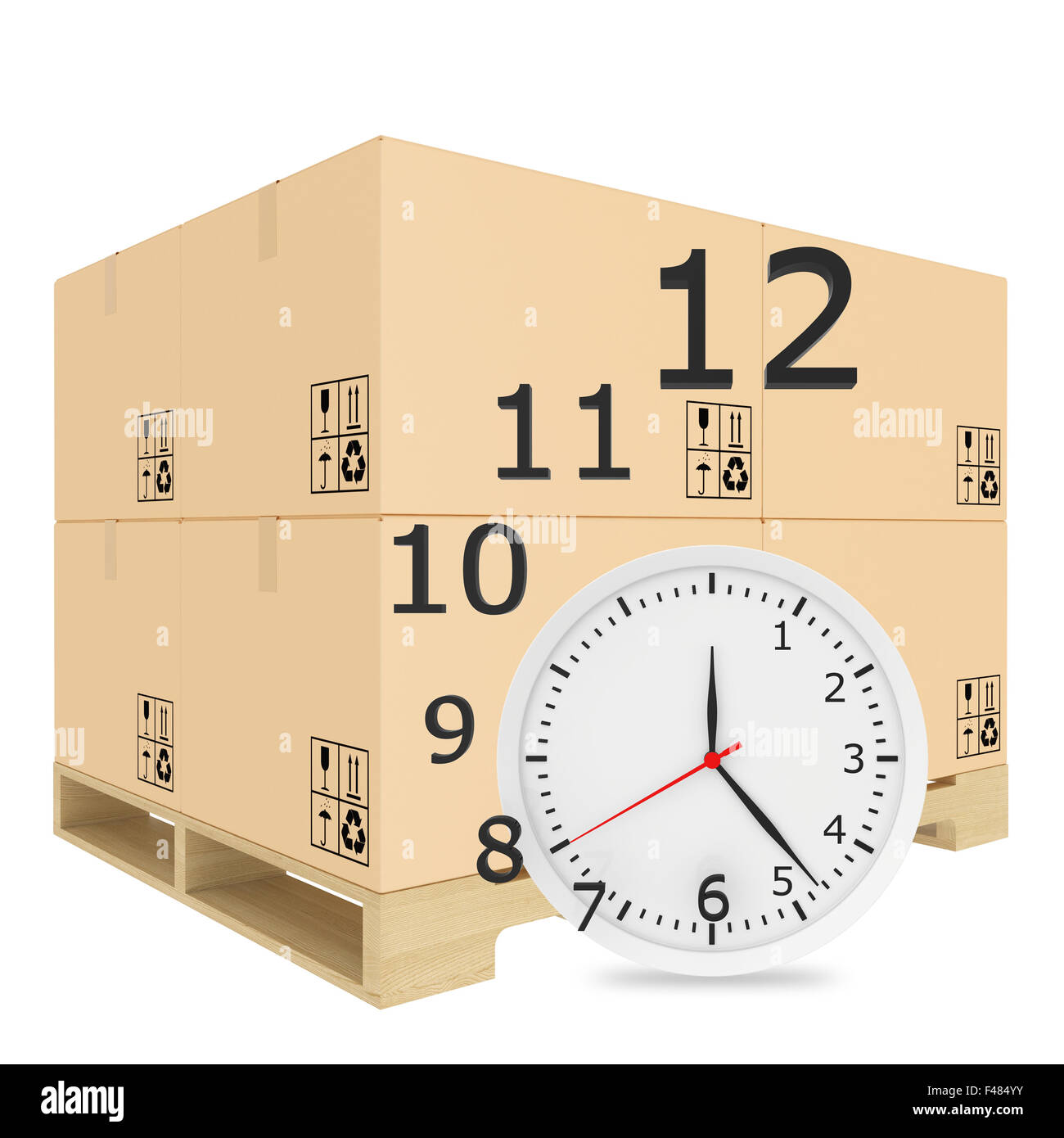 Paper covered boxes on wooden pallet. Watch with flying off figures ...