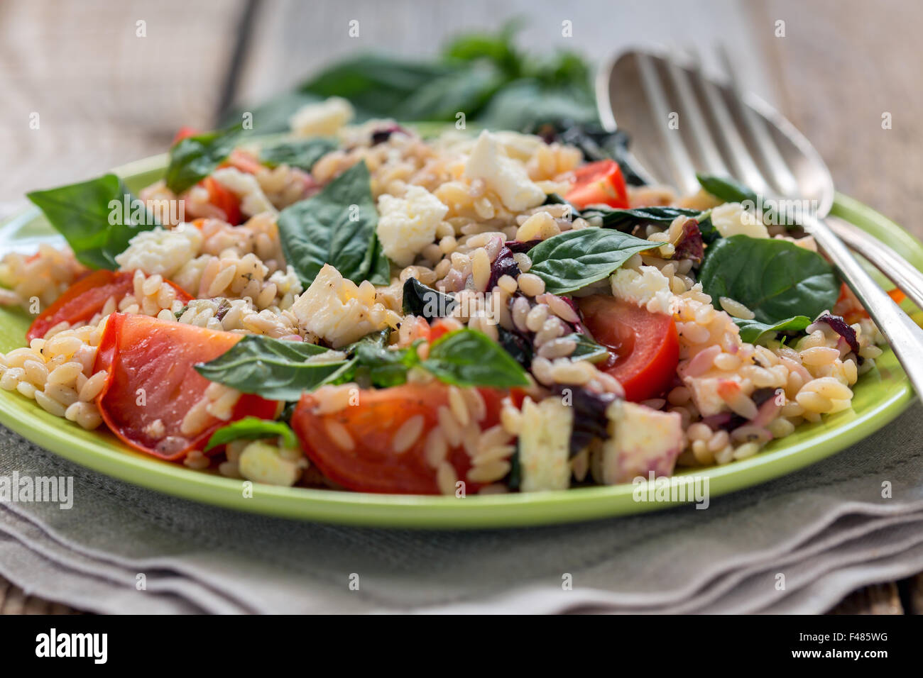 Orzo pasta with basil, tomatoes and cheese Stock Photo - Alamy