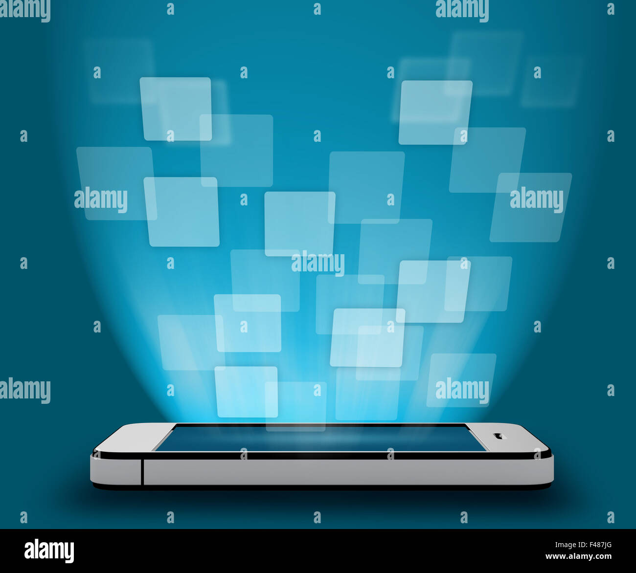 Flying squares over a mobile phone on blue background with glow Stock ...