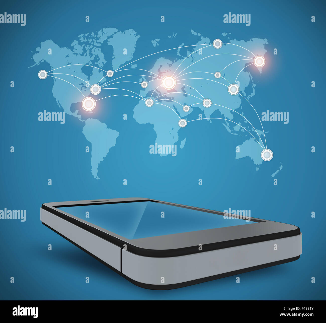 Telephone and world map with dots location cities Stock Photo - Alamy