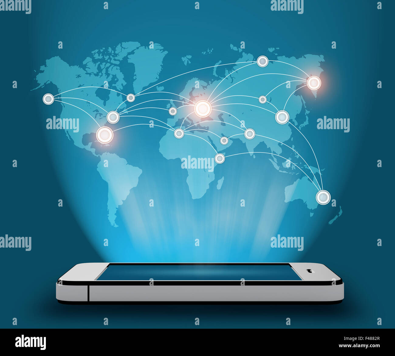Telephone and world map with dots location cities Stock Photo - Alamy