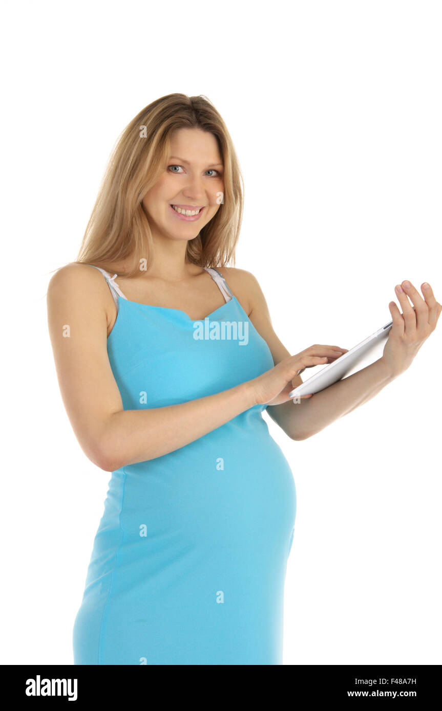 happy pregnant woman with tablet Stock Photo - Alamy