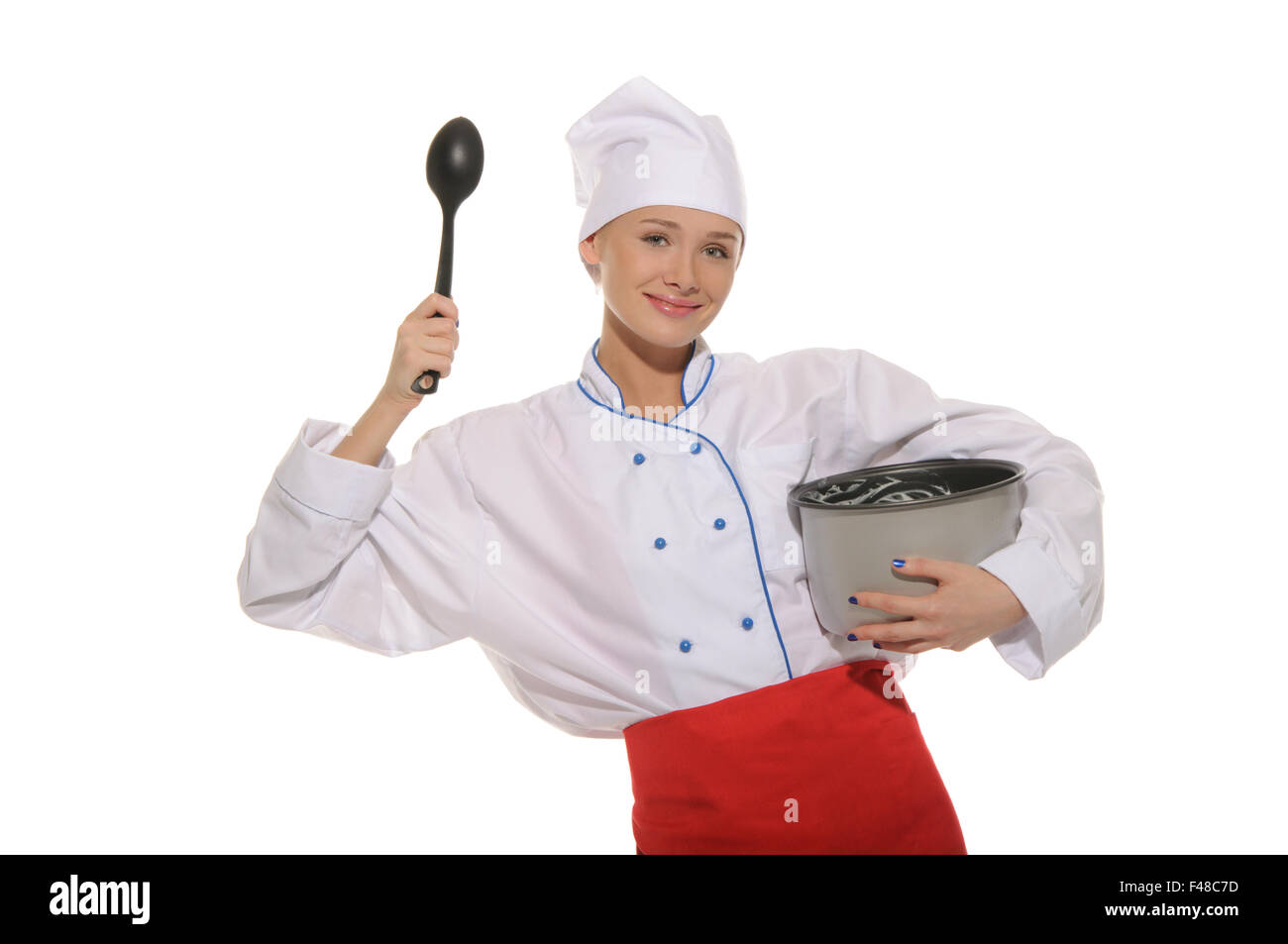 happy woman-cook with pan and spoon Stock Photo - Alamy