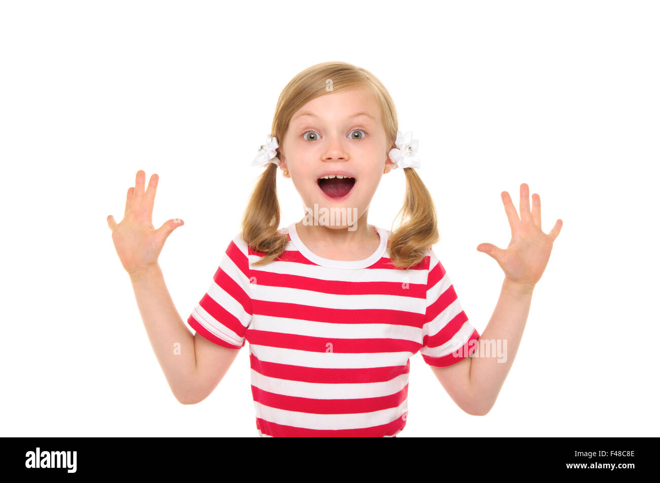 Happy girl with hands up Stock Photo - Alamy