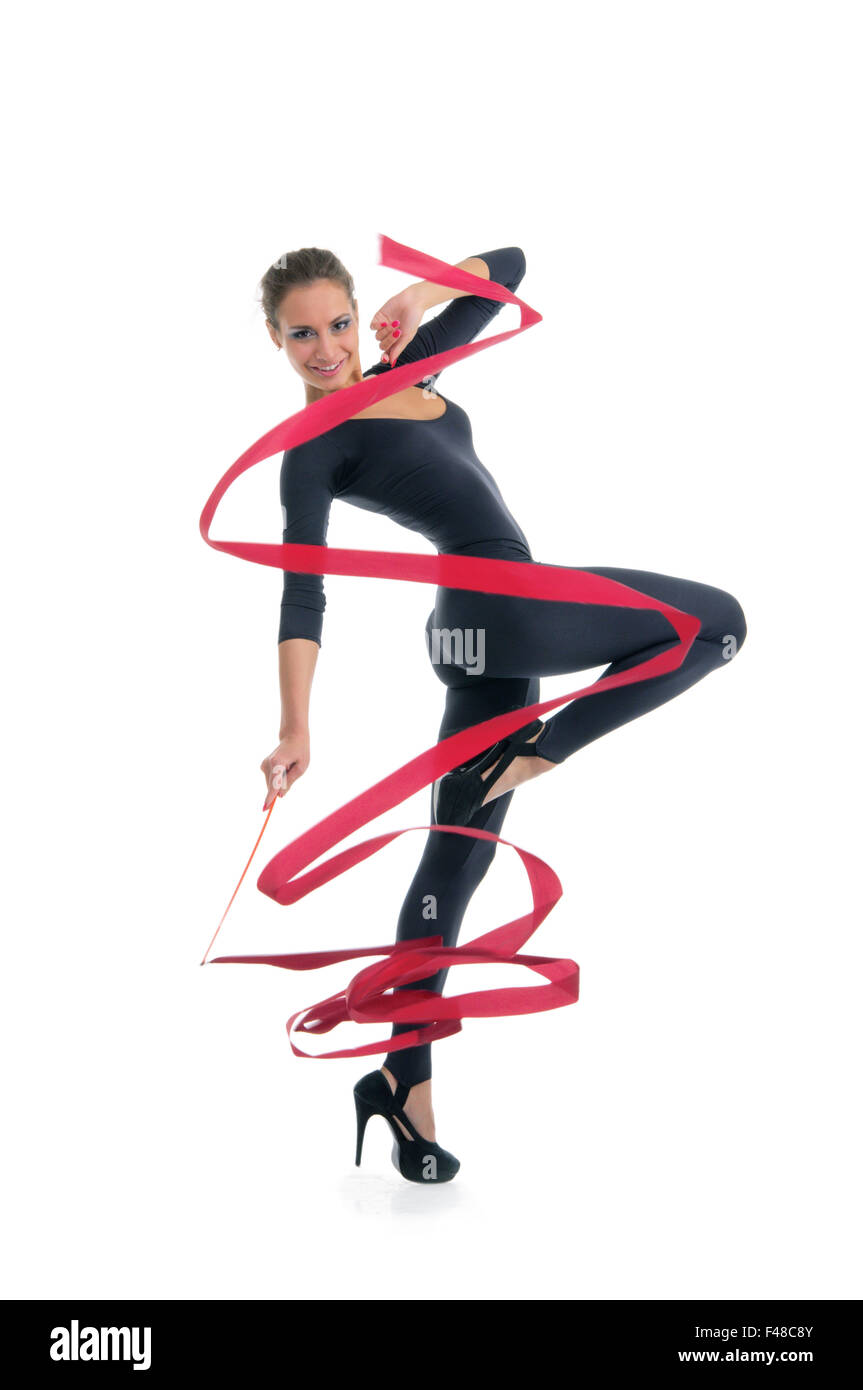 dancing woman with red ribbon Stock Photo - Alamy