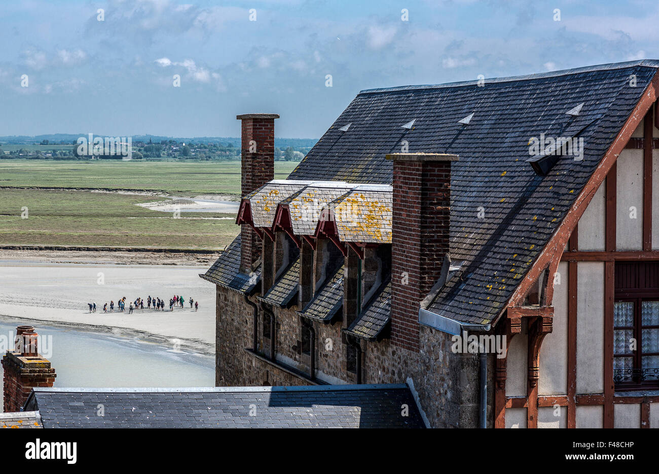 France, Normandy, Mont St Michel, view of the bay from the medieval ...