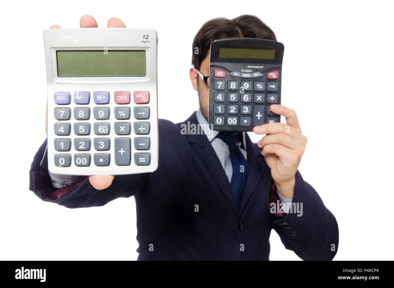 Funny man with calculator isolated on white Stock Photo - Alamy