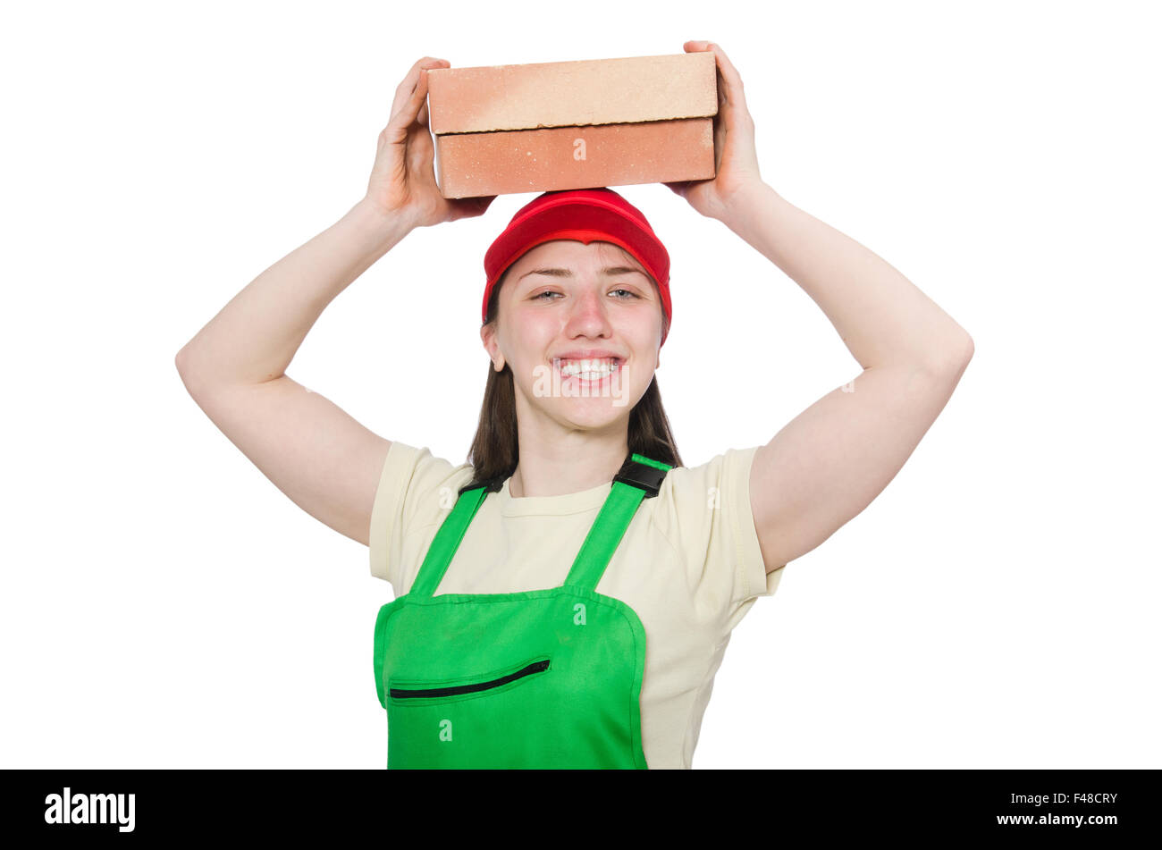 Woman with brick isolated on white Stock Photo - Alamy