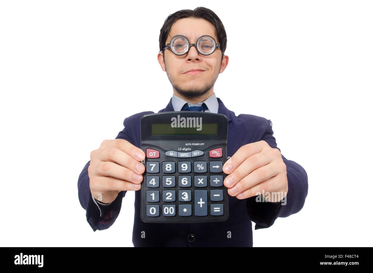 Funny man with calculator isolated on white Stock Photo - Alamy