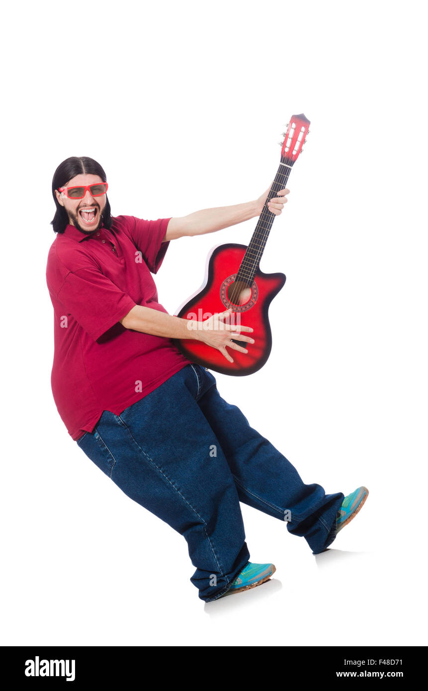 Fat man with guitar isolated on white Stock Photo - Alamy
