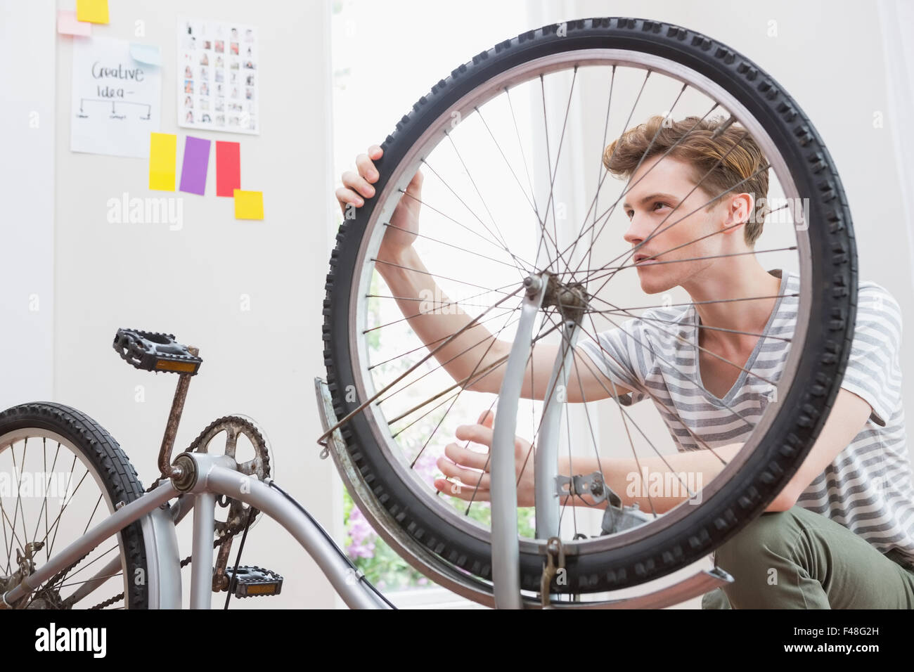 Young man fixing bike hi-res stock photography and images - Alamy