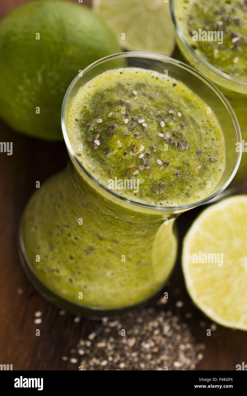 Healthy green fresh fruit and vegetable juice smoothie with chia seeds ...