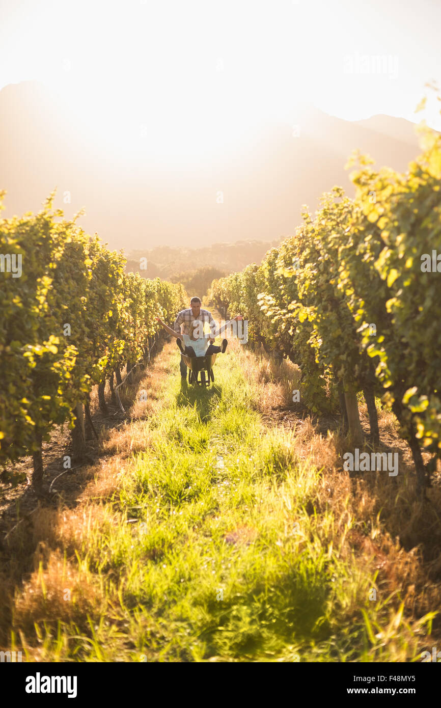 Happy couple playing with a wheelbarrow between grapevine Stock Photo ...