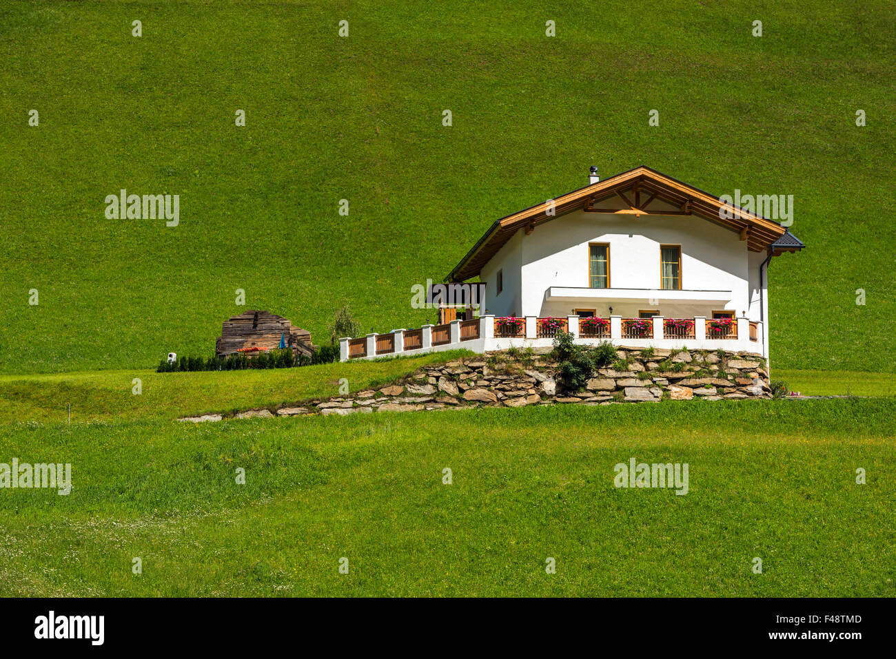 Traditional alpine house on green meadow in summer Stock Photo - Alamy