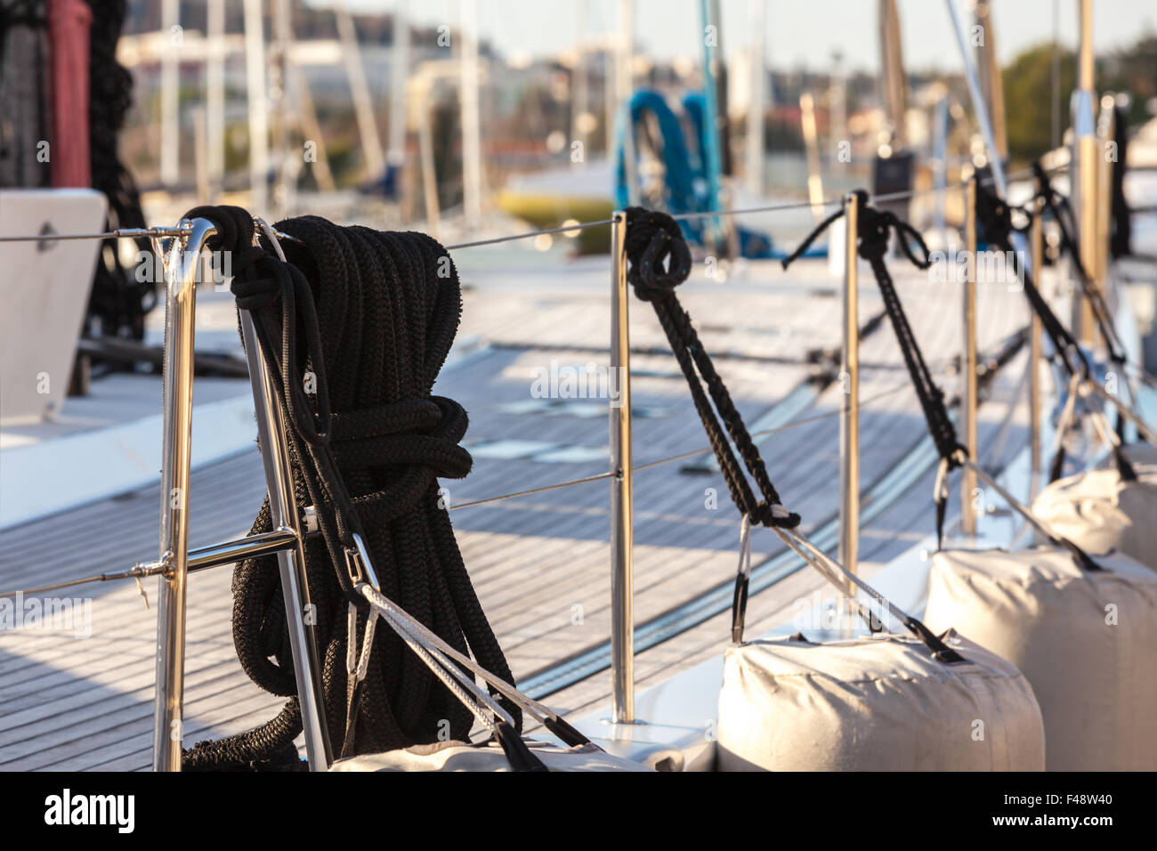 Sailboat Side and Deck CloseUp. Boat protection. Horizontal shot Stock ...