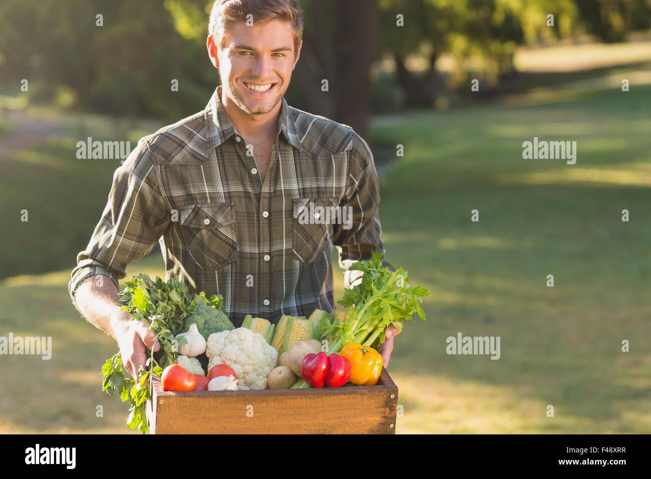 Smiling man carrying box of vegetables Stock Photo - Alamy
