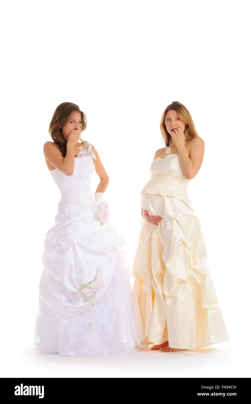 surprised pregnant bride with his girlfriend Stock Photo - Alamy