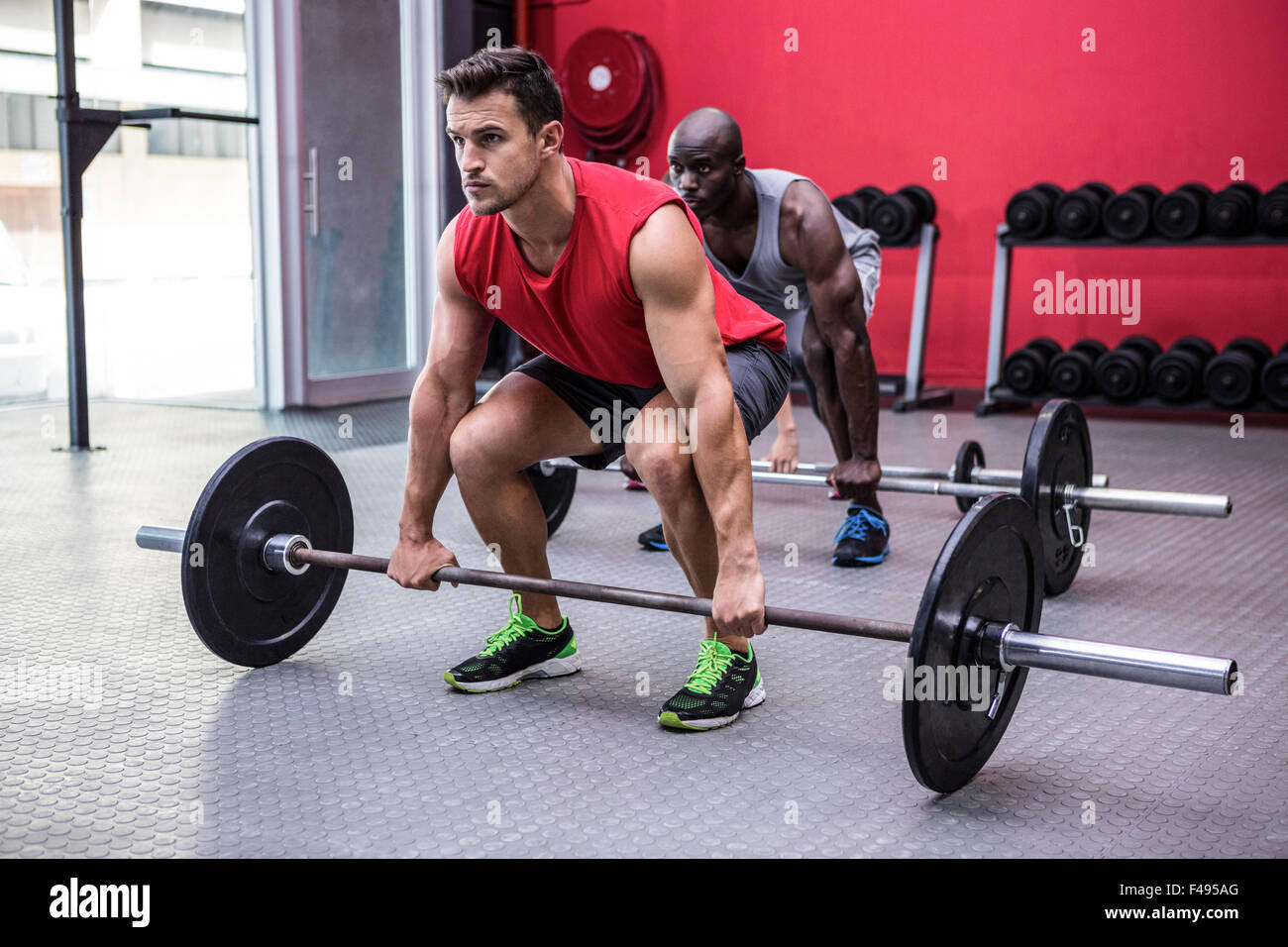 Three young Bodybuilders doing weightlifting Stock Photo - Alamy