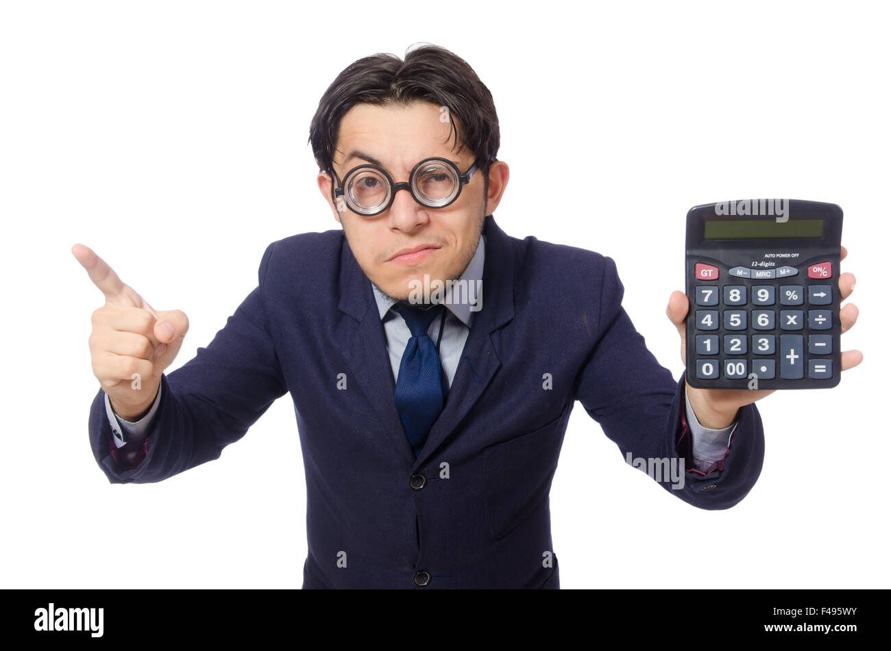 Funny man with calculator isolated on white Stock Photo - Alamy
