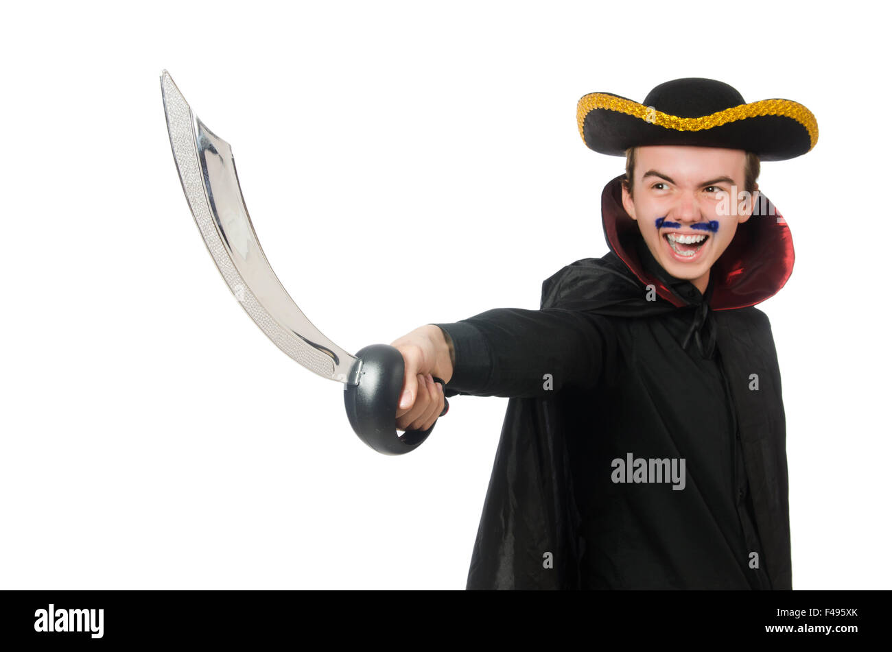 Young pirate holding sword isolated on white Stock Photo - Alamy